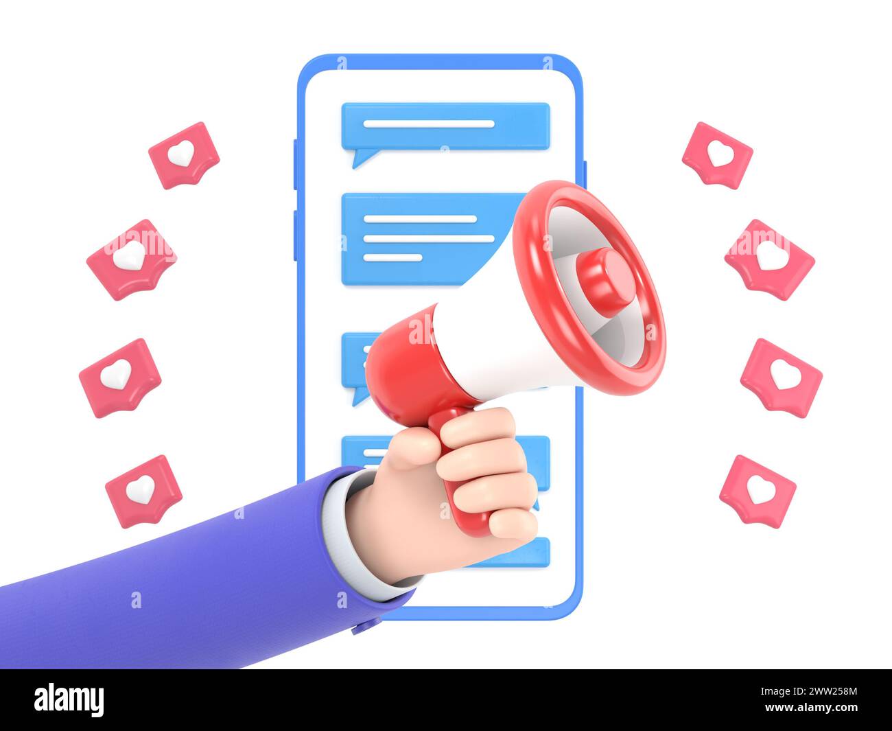 Post information alert from hand with megaphone or loudspeaker on a ...