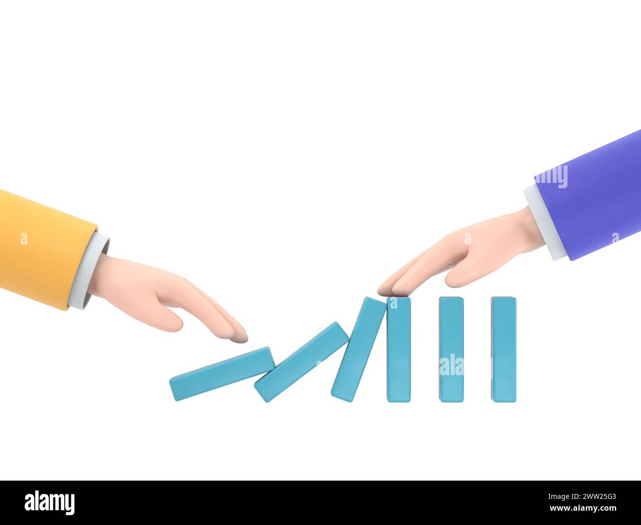 Domino effect concept. One man pushes the dominoes and second stops ...