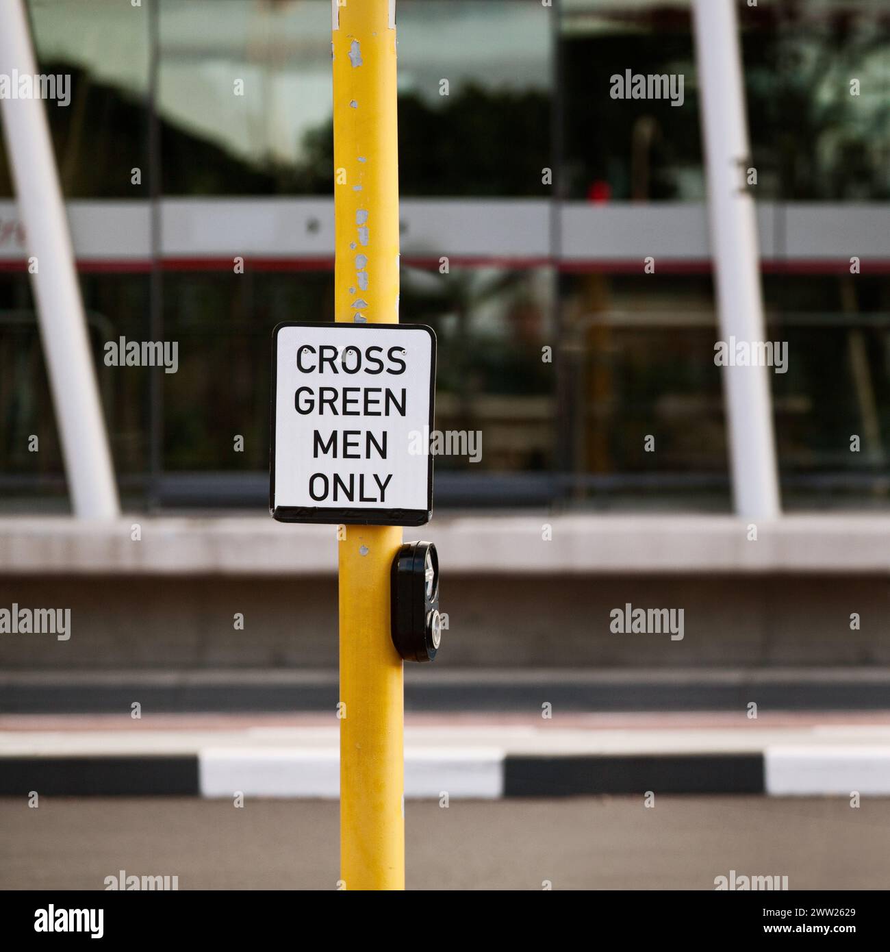 Street, traffic light and sign for pedestrian by crosswalk with mistake ...
