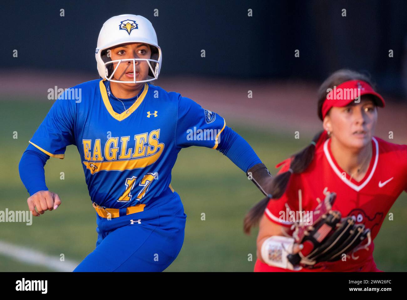 MSU infielder Kendra Lewis (17) leads off of first base as WKU first ...