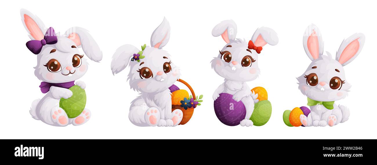 Set of white cute Easter bunnies. Fluffy bunny with festive eggs, a ...