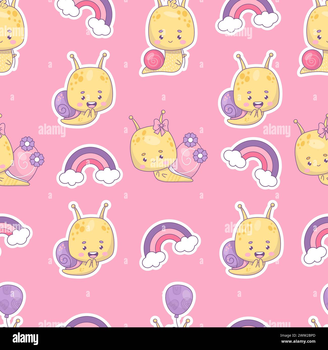 Seamless pattern with cute snail characters stickers on pink background. kawaii insects with ...