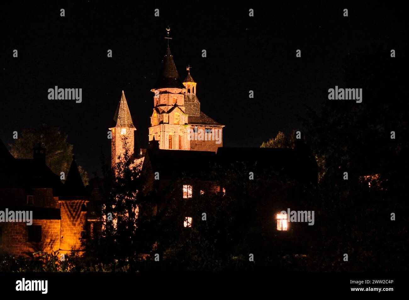 Collonge la Rouge, France - 09 23 2021: illuminated church of Collonge ...