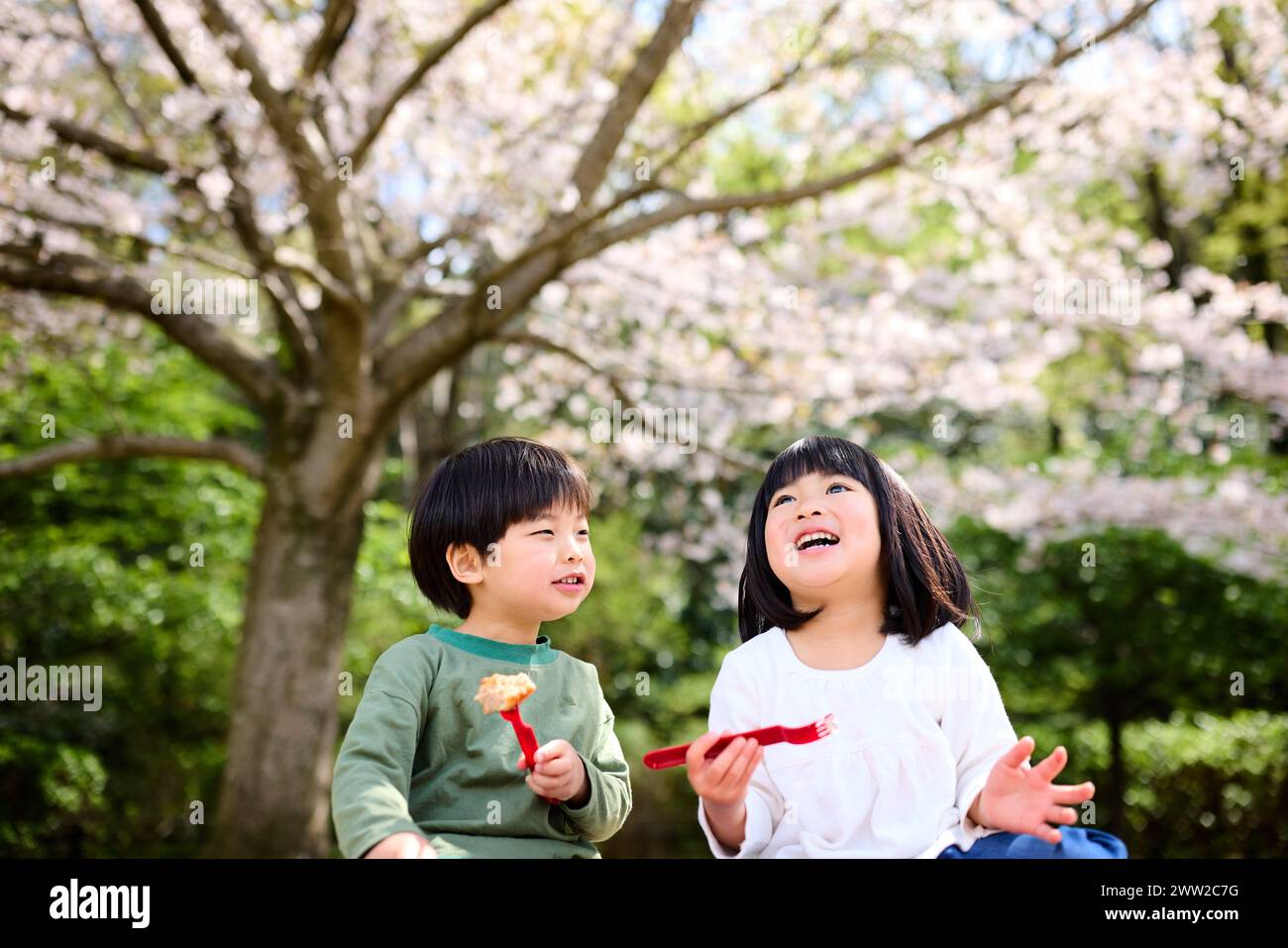 Two children sitting on a bench in front of a tree eating Stock Photo ...