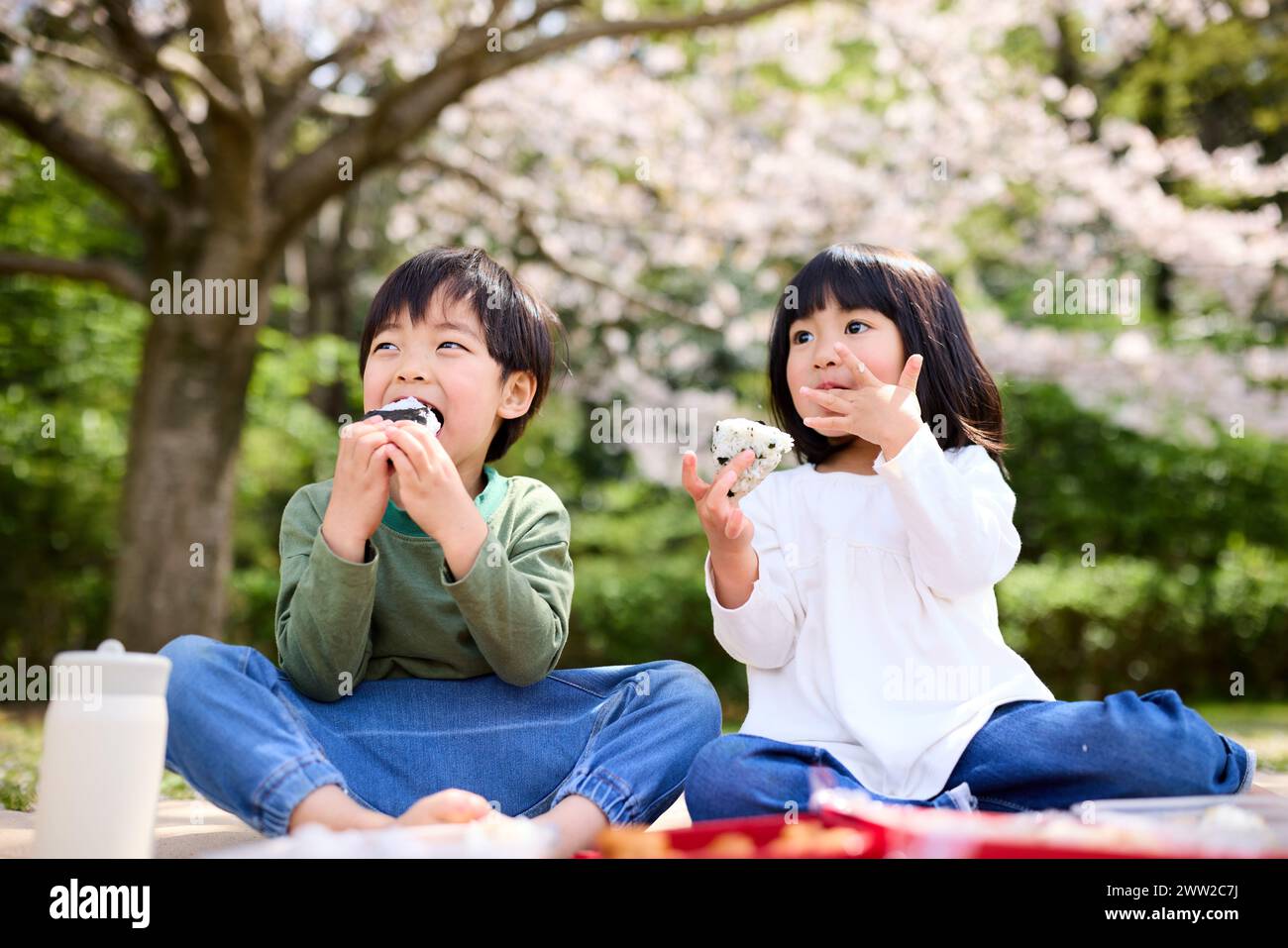 Two children sitting on a blanket eating rice balls Stock Photo - Alamy