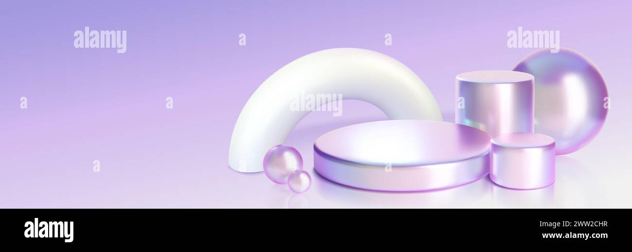 Hologram iridescent cylinder stairs podium with glass decorative sphere ...