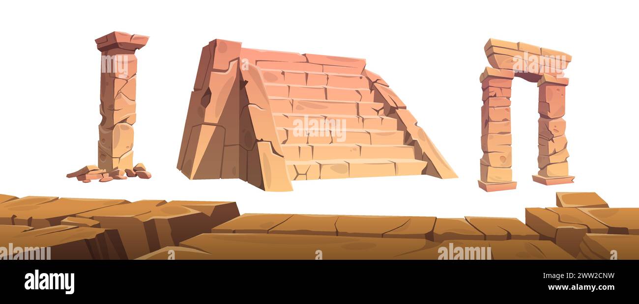 Stone ruins of broken ancient stone buildings. Arch rock entrance, part of brick column and ...