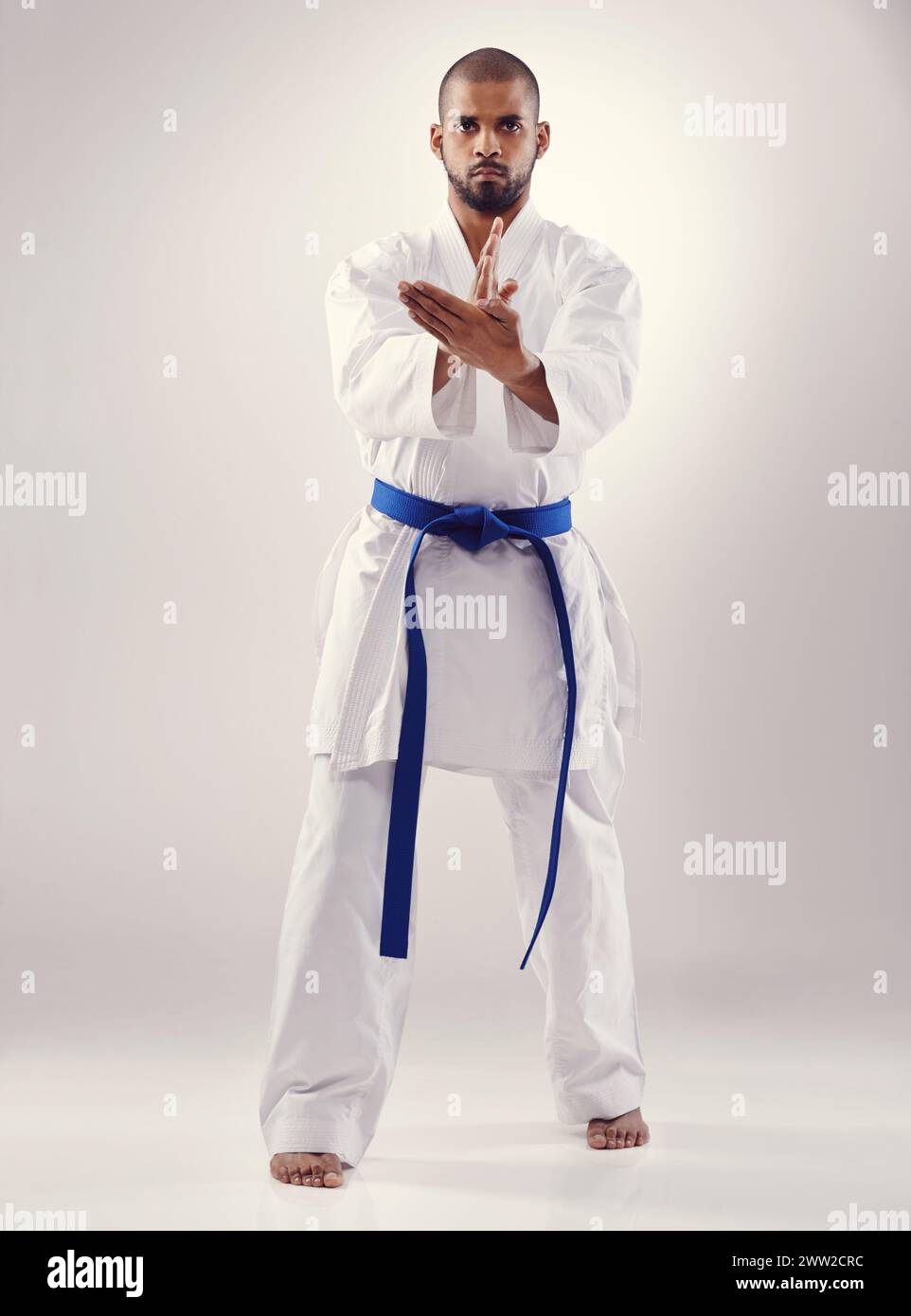 Studio, karate and black man training for power for physical health ...