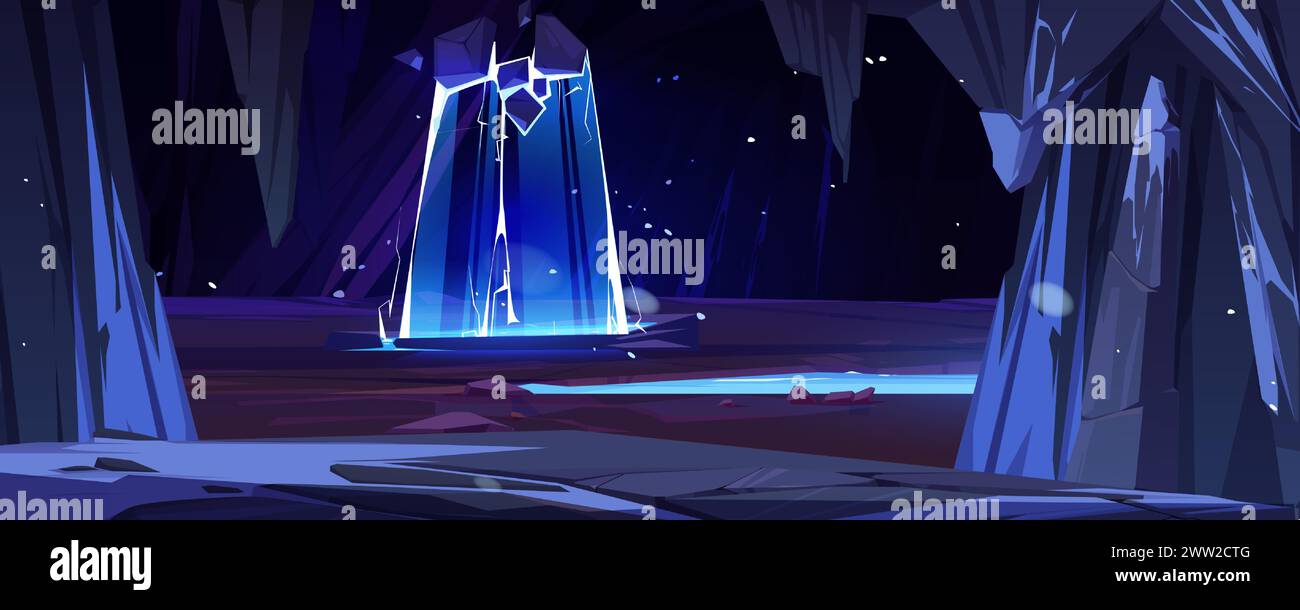 Magic portal door in dark underground cave with stone walls and lake ...