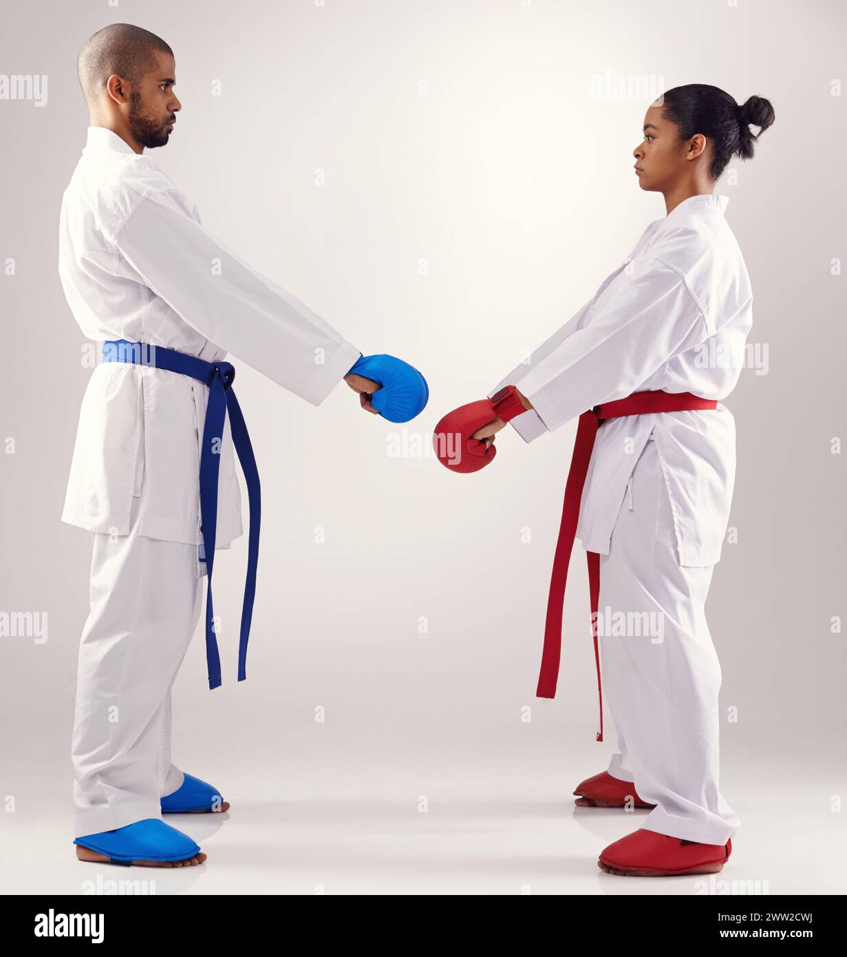 People, karate and training with gloves in studio on white background ...