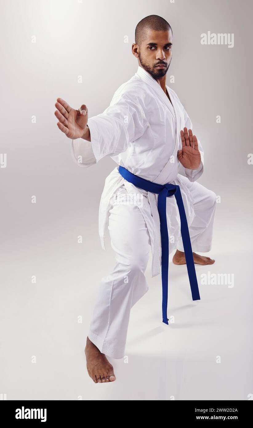 Studio, sport a d karate for black man, training and exercise for ...