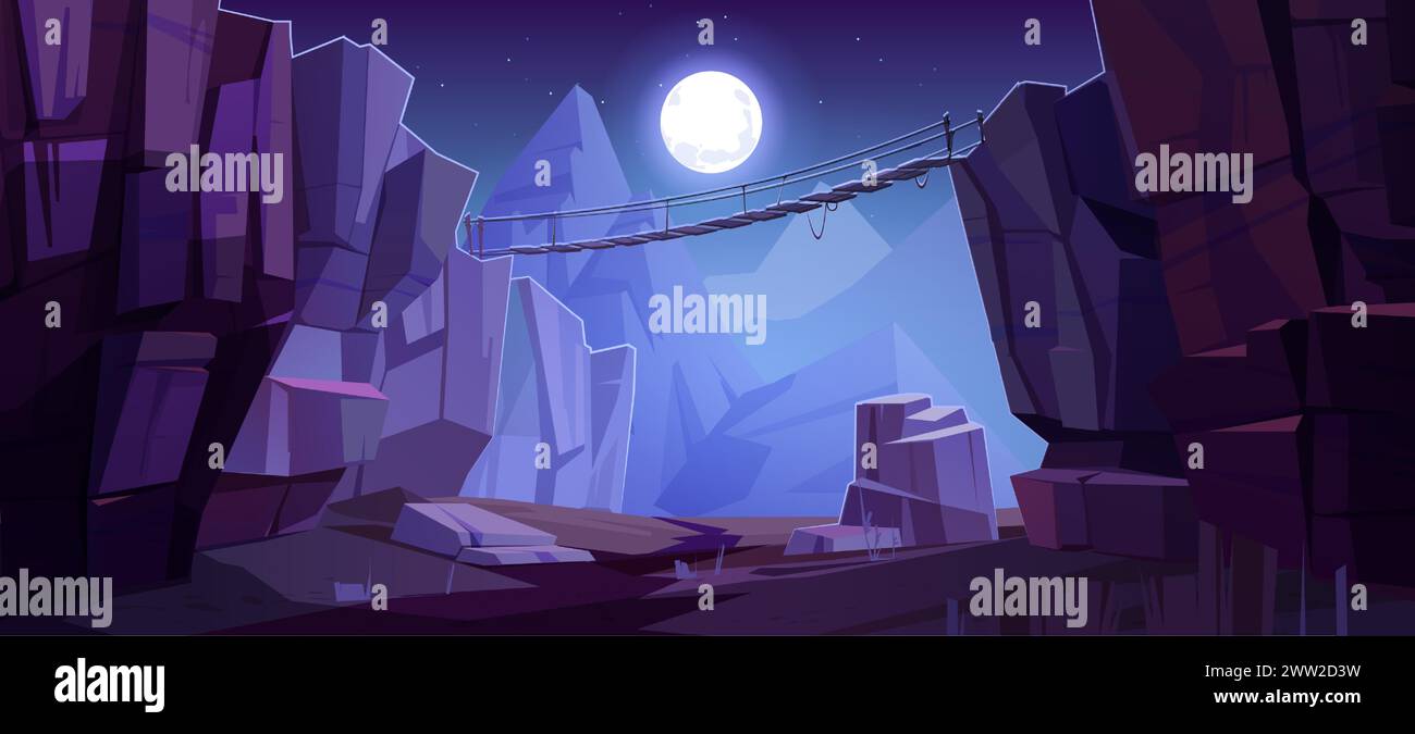 Rope bridge between cliffs in night mountains. Vector cartoon ...