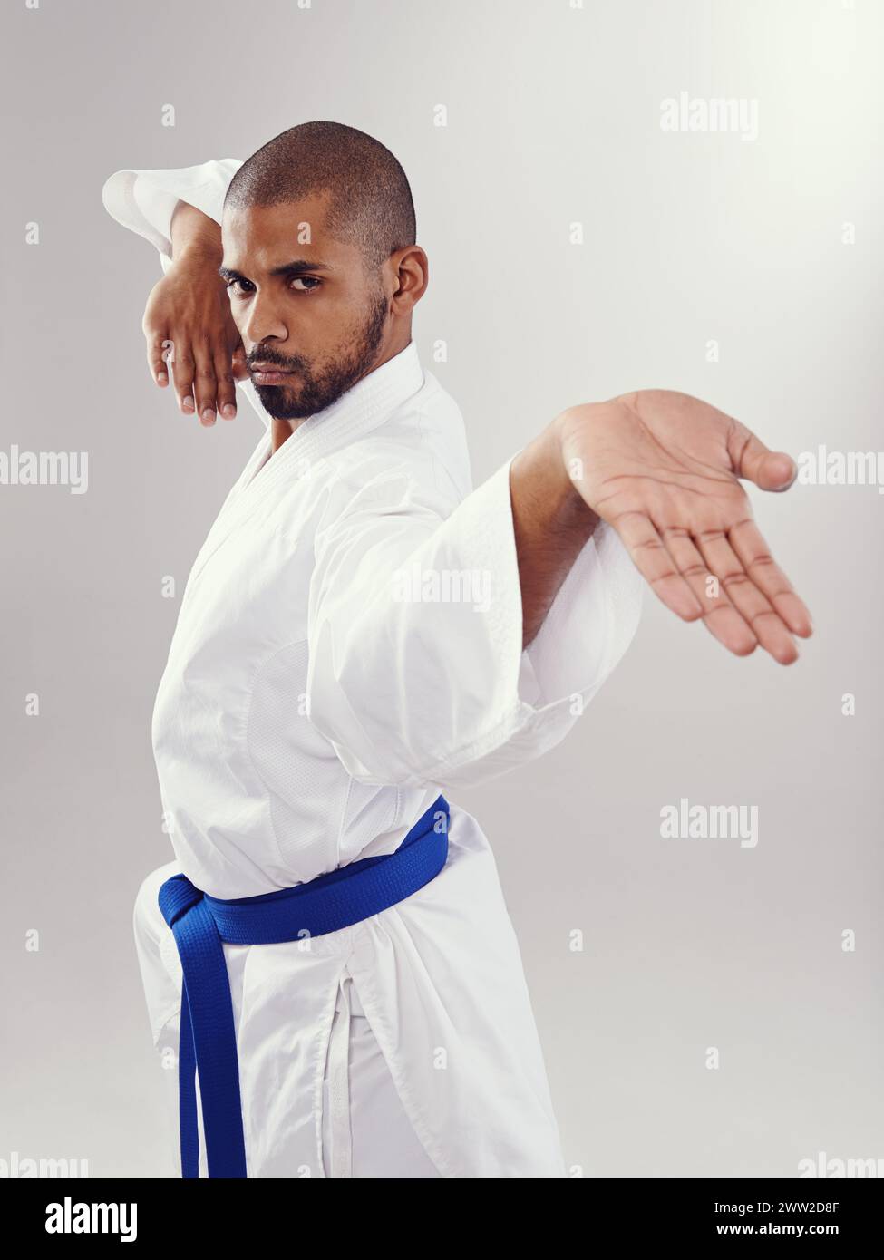 Studio, karate and black man with technique for martial arts with hand ...