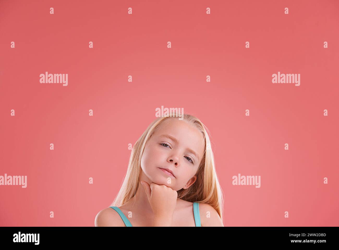 Planning, ideas and girl child in studio with brainstorming facial ...