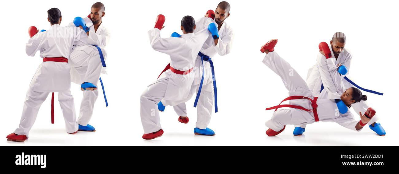 Karate, fight and people in studio exercise, training with gloves on ...