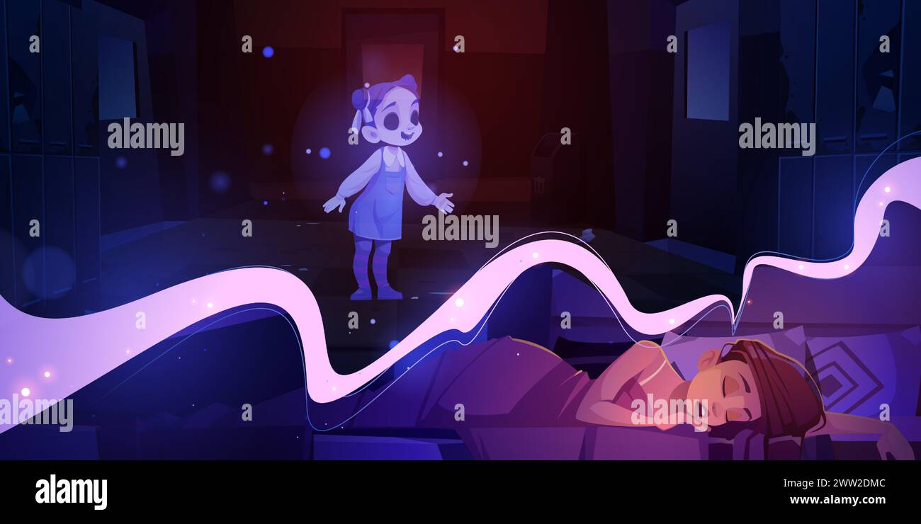 Woman bad sleep with nightmare dream in bed vector. Scary night monster ...