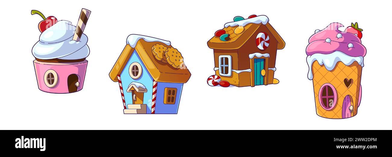 Cartoon candy land sweet house for fantasy game in vector. Cake and ...
