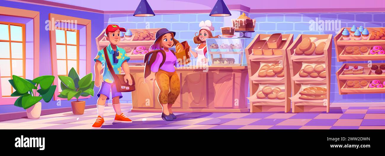 Bakery shop interior with man and woman buyers and salesperson at cash ...
