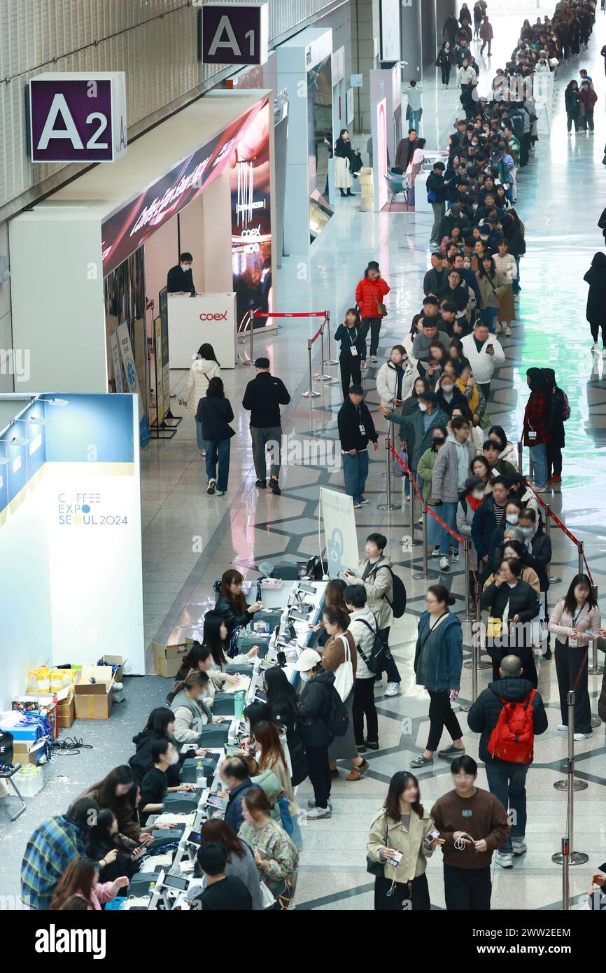 21st Mar, 2024. Coffee fair Visitors wait in line to enter the Coffee Expo Seoul 2024 at COEX in ...