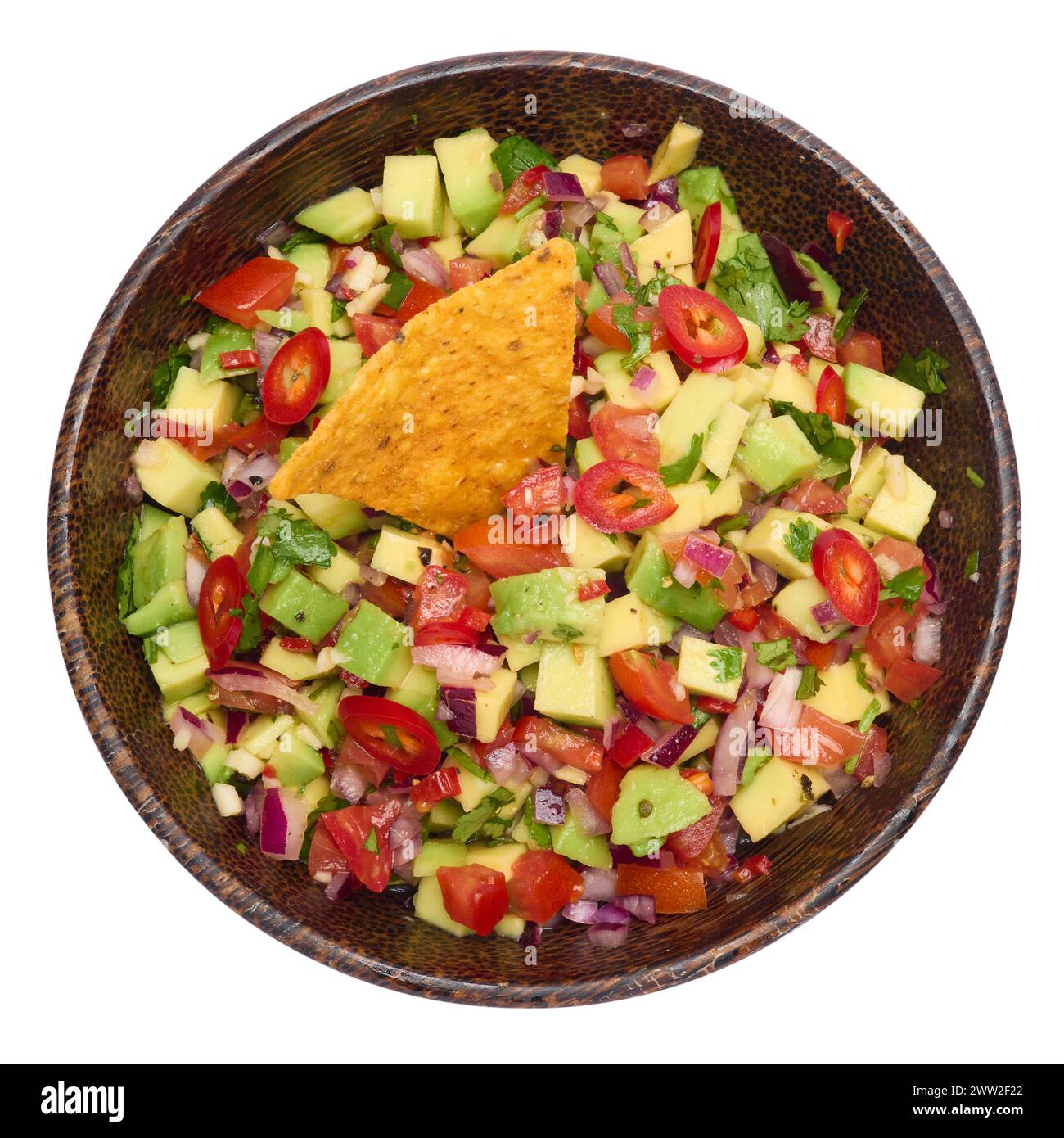 traditional salsa dip snack in wooden bowl and corn nacho chips ...
