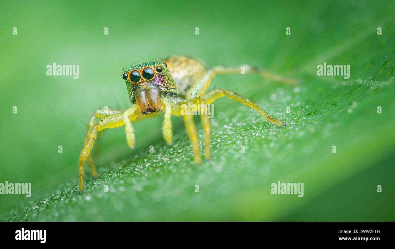 Close up a little Jumping Spider on green leaf, Colorful jumping spider ...