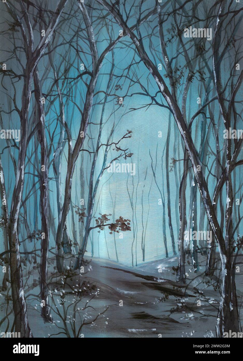 Acrylic forest illustration. Forest landscape. Blue sky and grey dry ...
