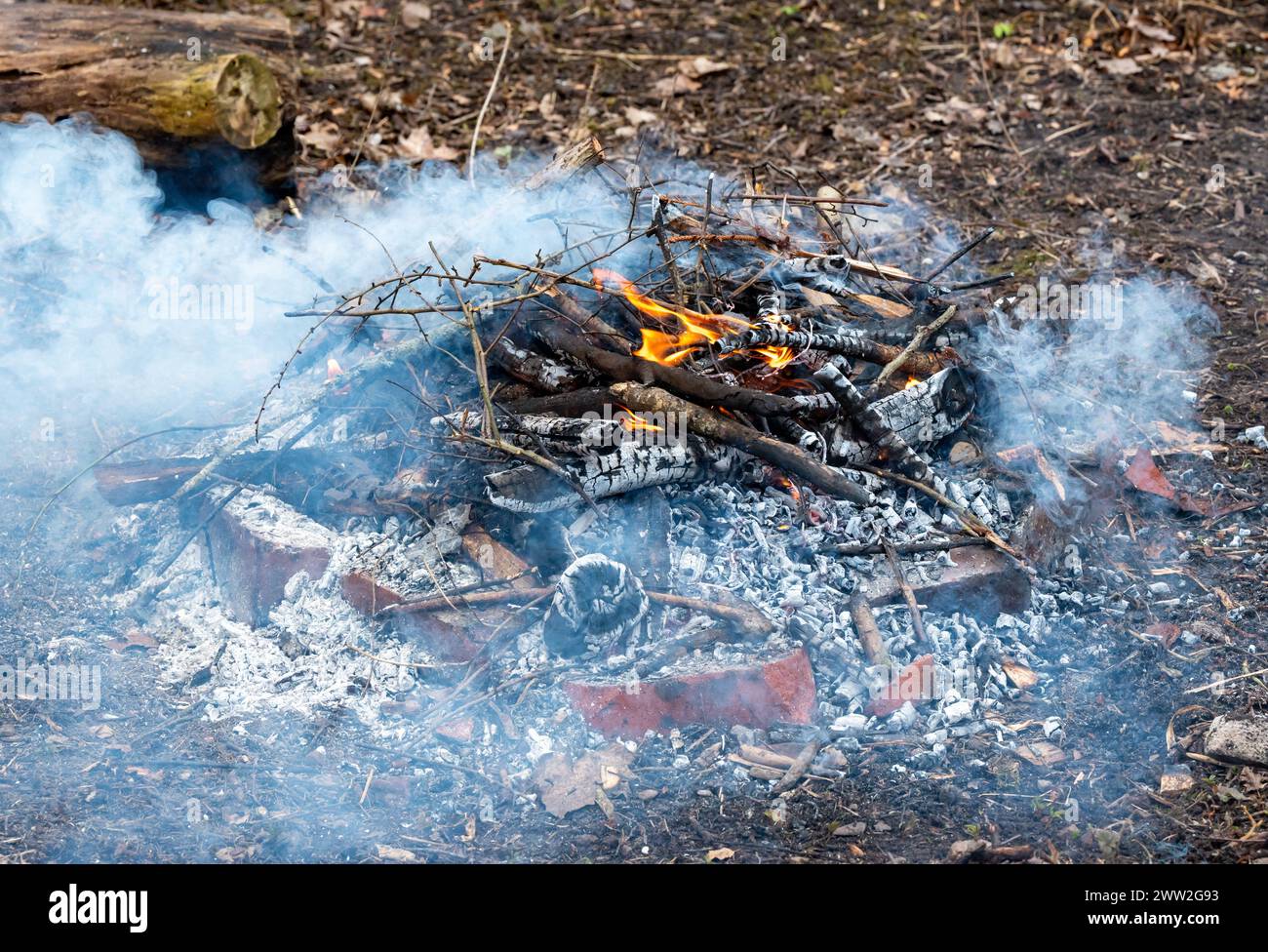Fire outdoors with branches from garden clearing Stock Photo - Alamy