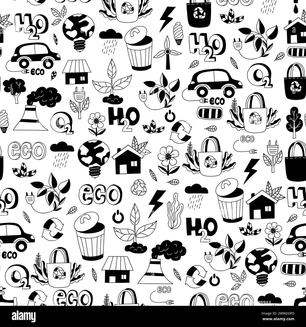 Ecology lifestyle seamless pattern. Ecology hand drawn on white ...