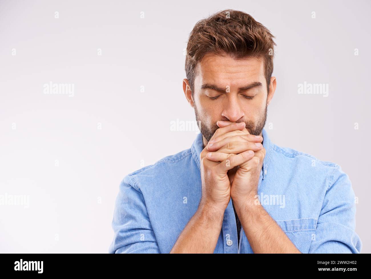 Man, praying and worship with hope and faith in God, seek help and ...