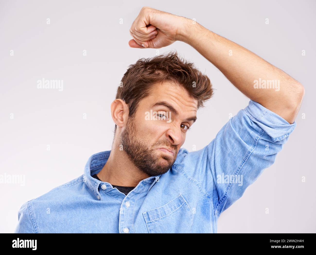 Man, smell armpit and bad hygiene, body odor with stink and sweat stain ...