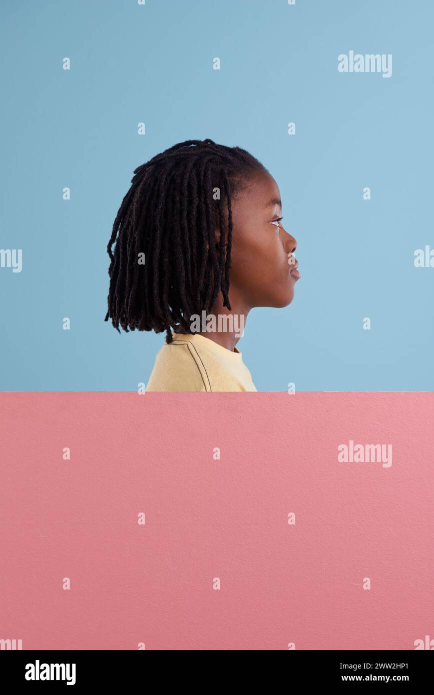 Banner, mockup and African boy child thinking in studio with questions ...