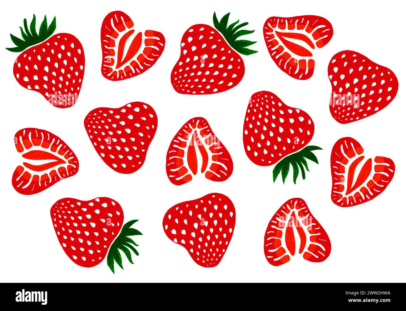 A set of strawberry berries randomly arranged on a white background ...