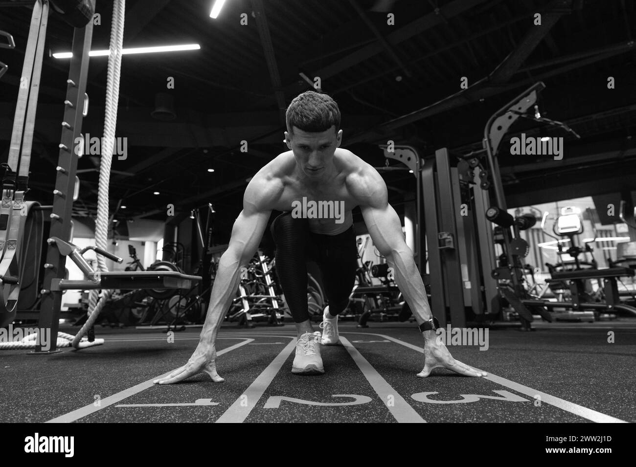 Athletic man in crouching position in fitness gym. Athlete on starting ...