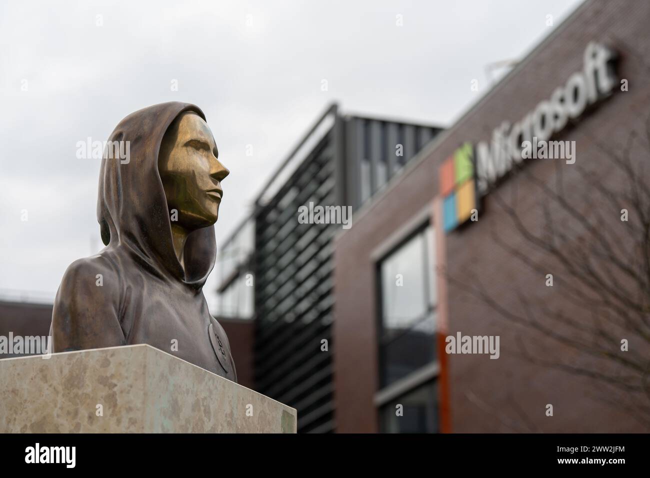 Budapest, Hungary - March 10, 2024: Satoshi Nakamoto monument. Microsoft office on the ...