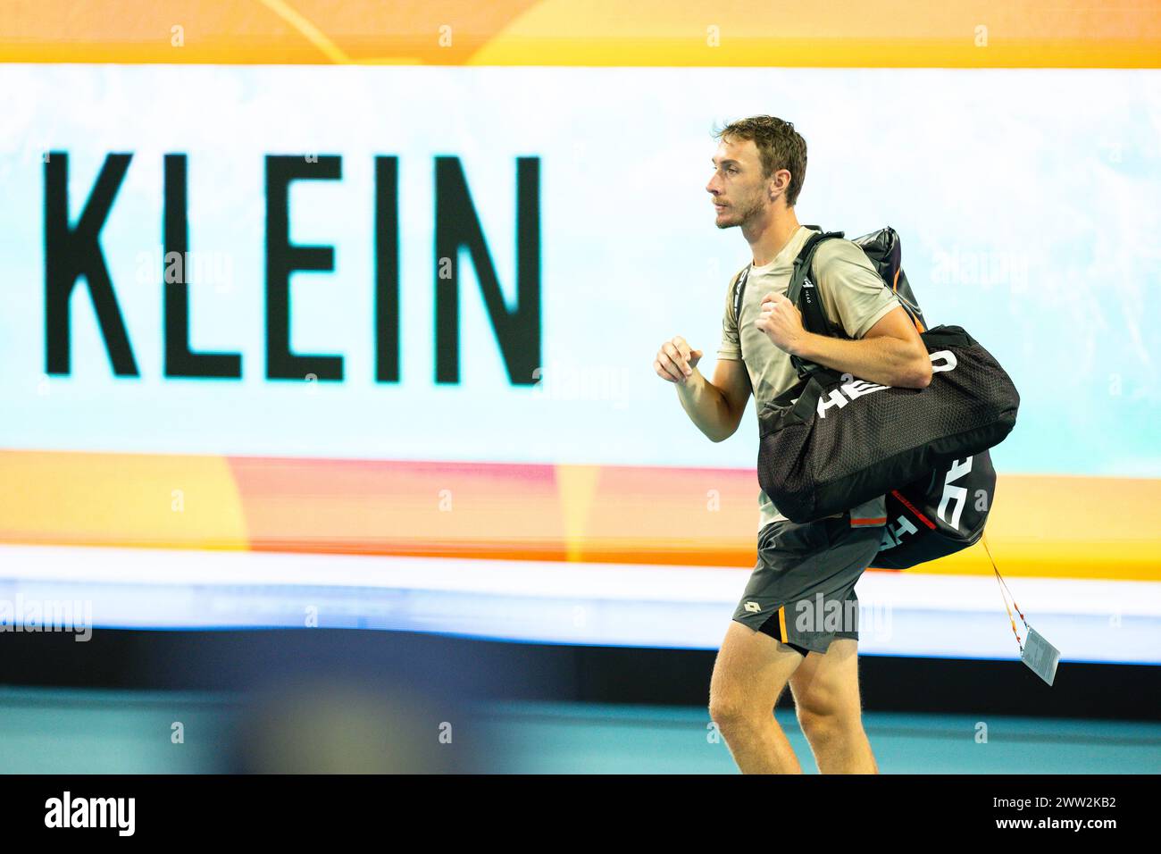 MIAMI GARDENS, FLORIDA - MARCH 20: Lukas Klein of Slovakia enters the court on Day 5 of the ...