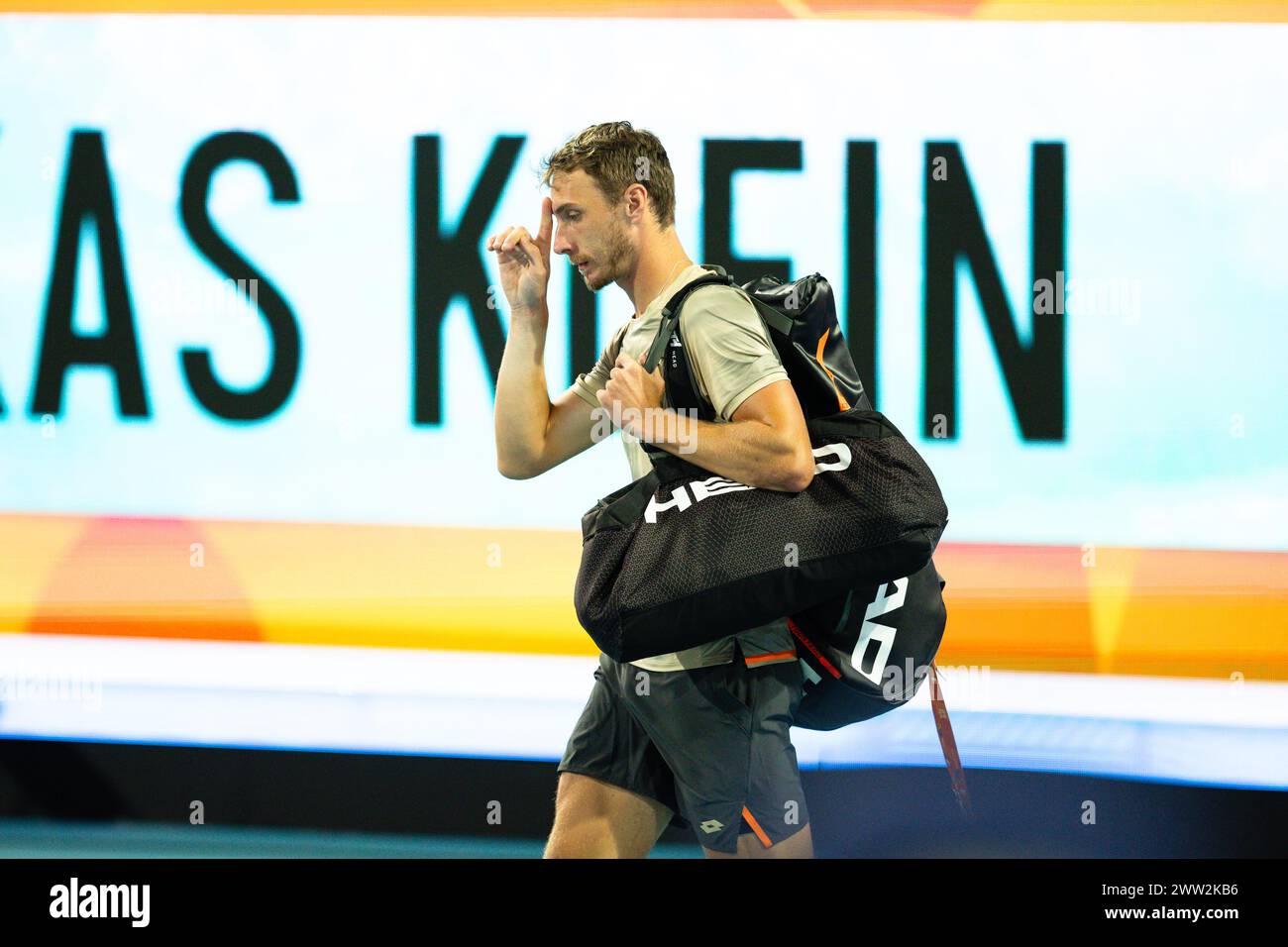 MIAMI GARDENS, FLORIDA - MARCH 20: Lukas Klein of Slovakia enters the court on Day 5 of the ...