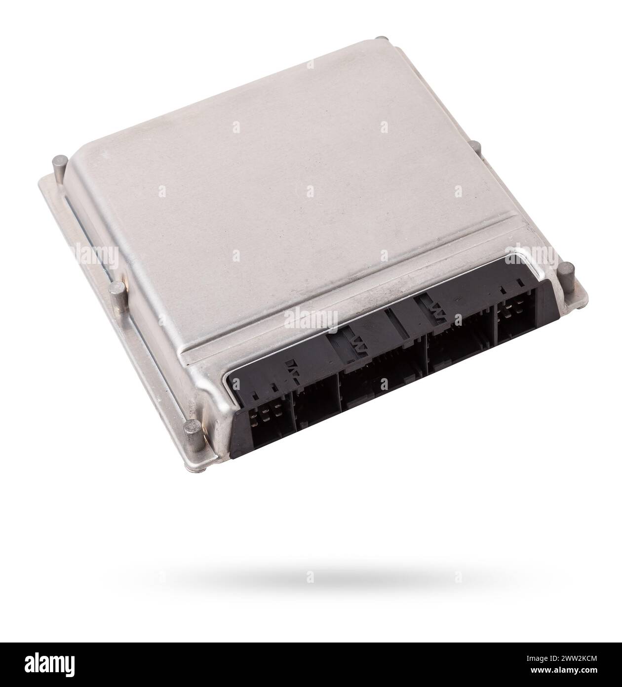 Metallic car engine control unit with plastic elements soaring on a ...