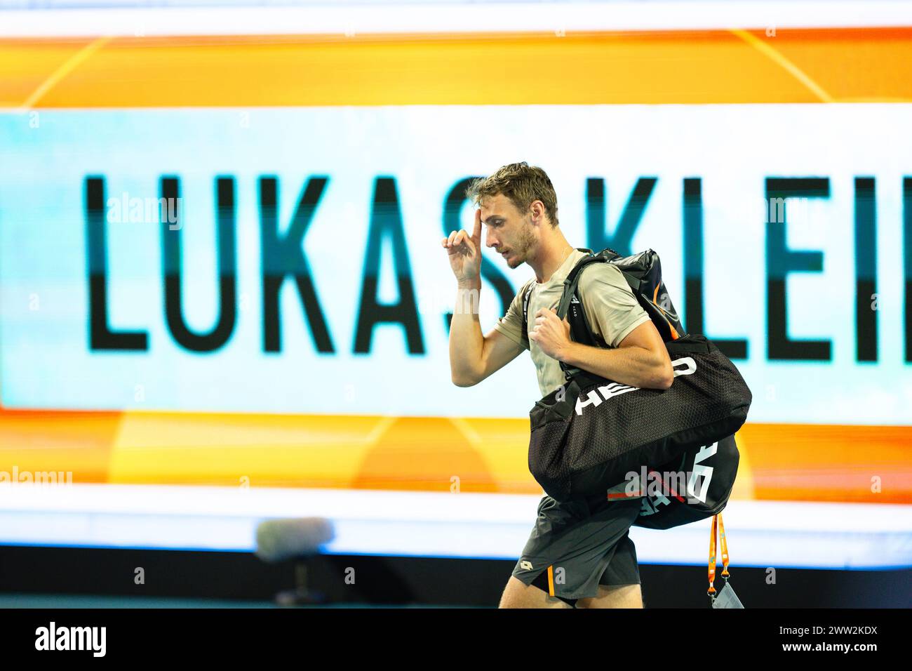 MIAMI GARDENS, FLORIDA - MARCH 20: Lukas Klein of Slovakia enters the court on Day 5 of the ...