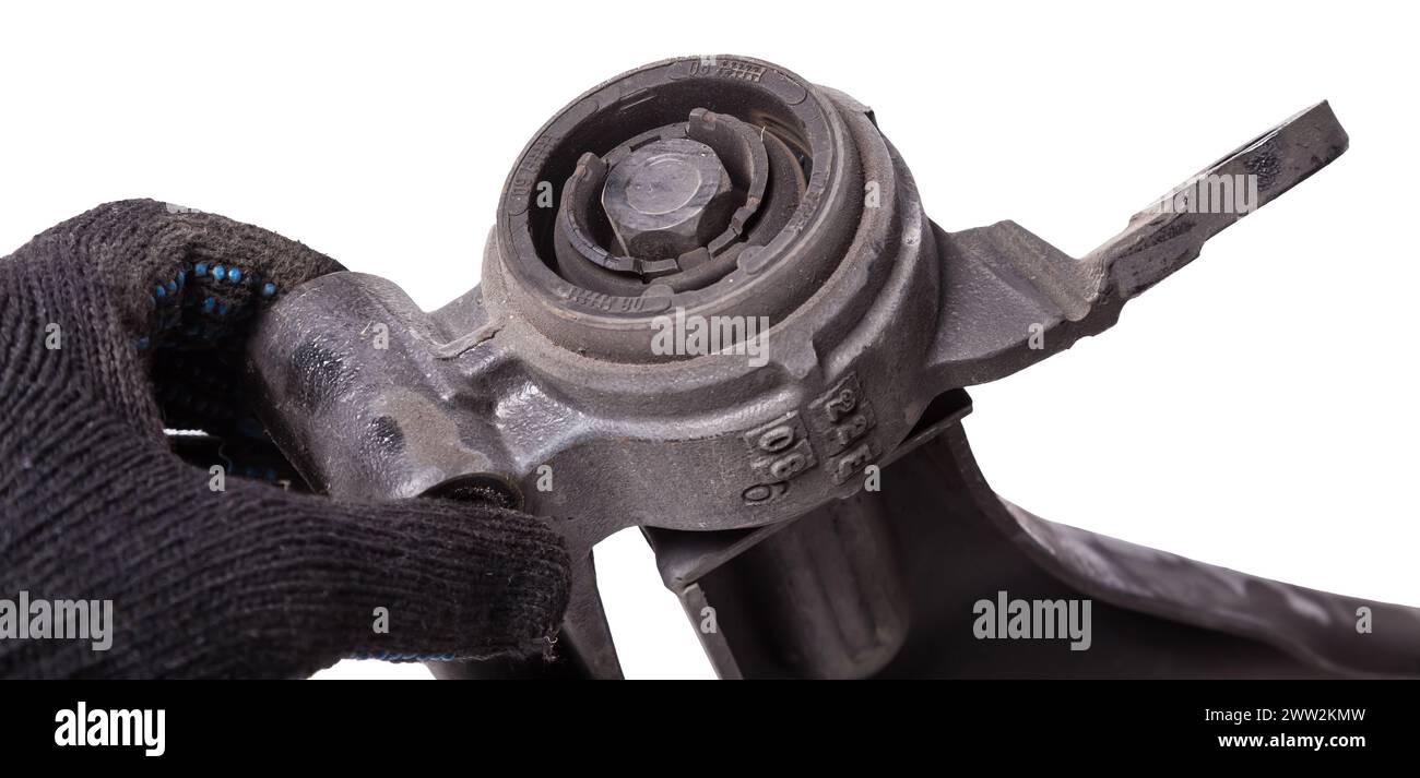 Curved metal chassis arm lever with ball and rubber-metal joint with ...