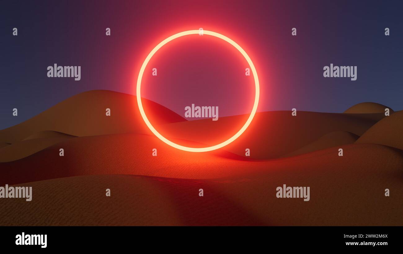 3d illustration colorful round red neon portal at night in the desert ...