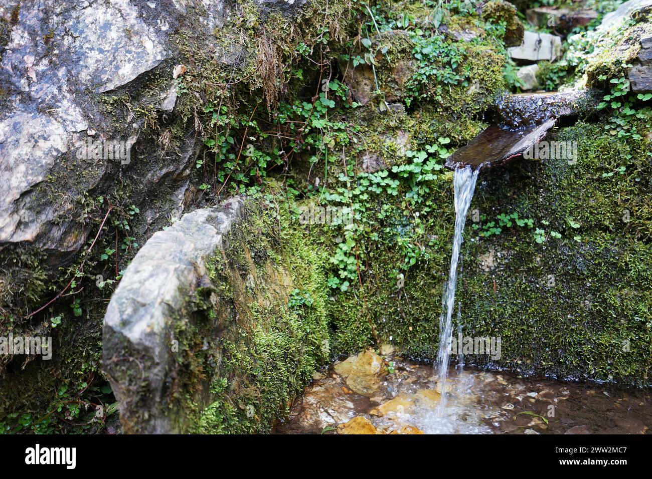 Natural landscape of green mountain range with waterfall along trekking ...