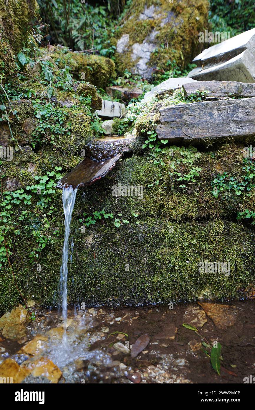 Natural landscape of green mountain range with waterfall along trekking ...