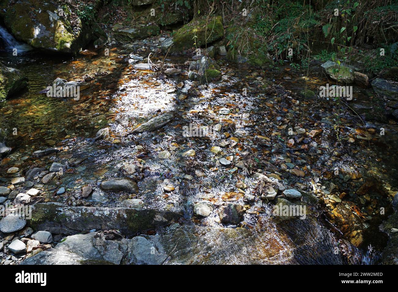 Natural landscape of green mountain range with waterfall along trekking ...
