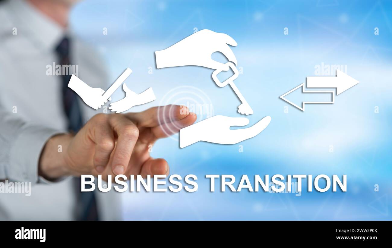 Man touching a business transition concept on a touch screen with his ...