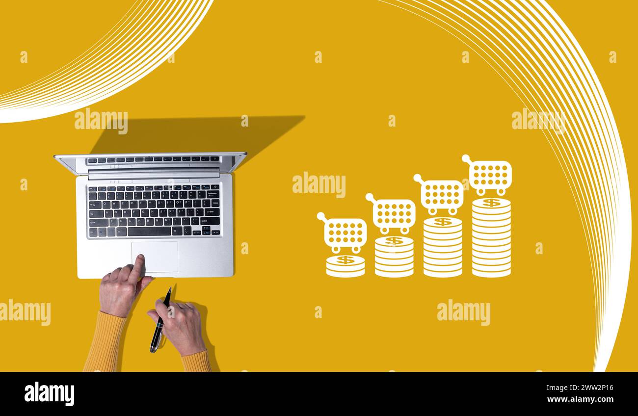 Top view of hands using laptop with symbol of inflation concept Stock ...