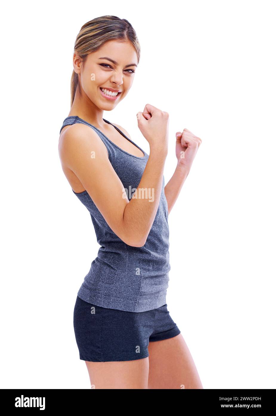 Studio, excited and portrait of athlete, smile and ready to workout for ...