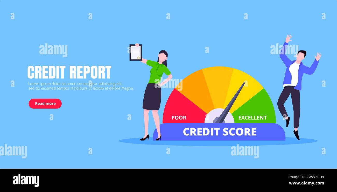 Man and woman push credit score arrow gauge speedometer indicator with ...