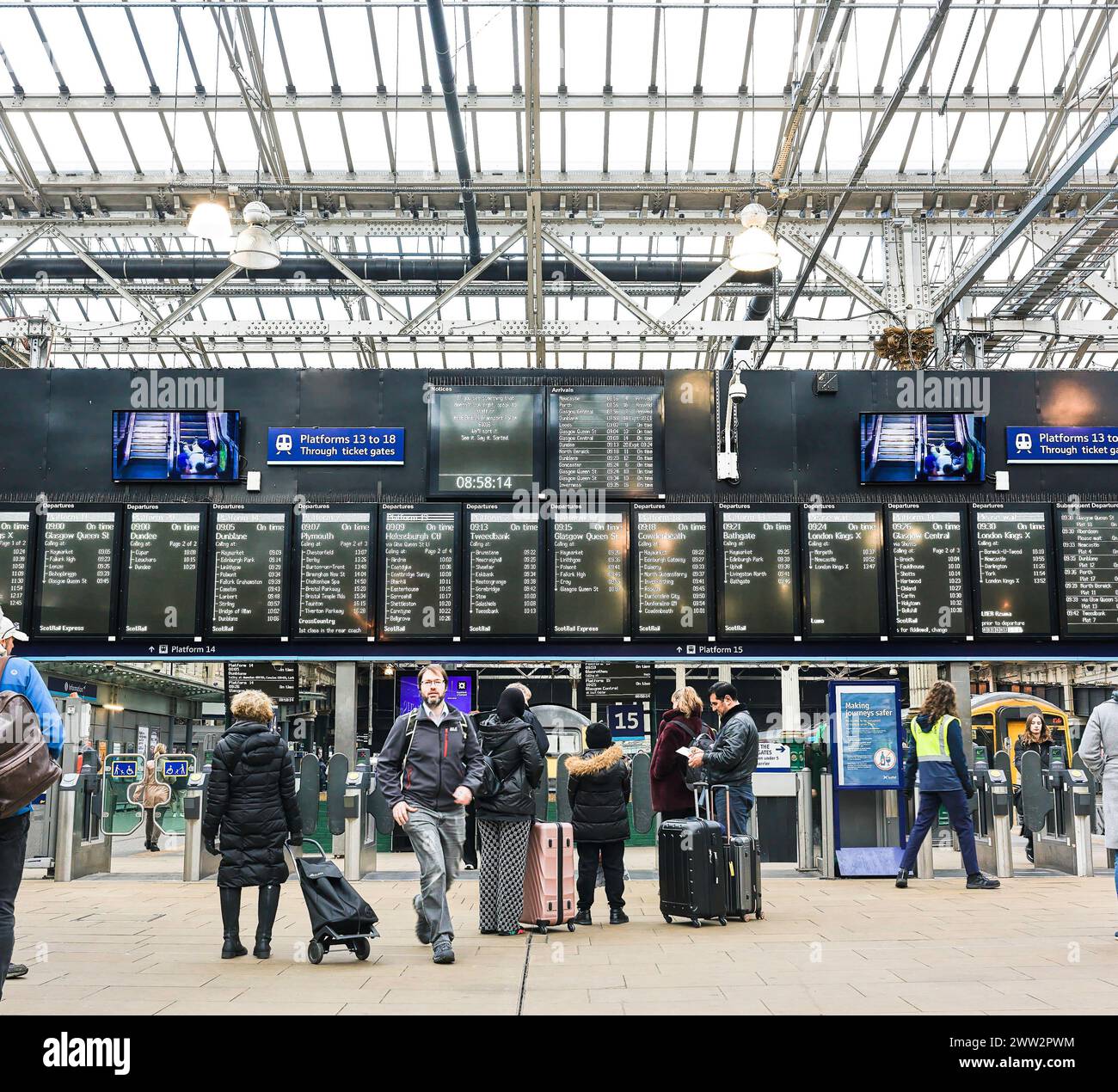 Timetable noticeboard at Waverley railway station, Edinburgh, Scotland ...