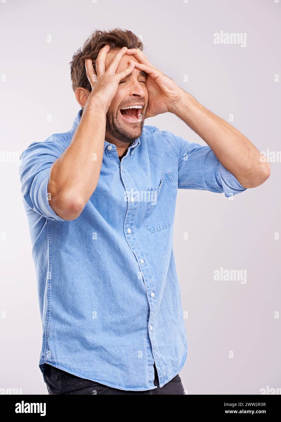 Stress, screaming or man with hands on face in studio for mental health ...