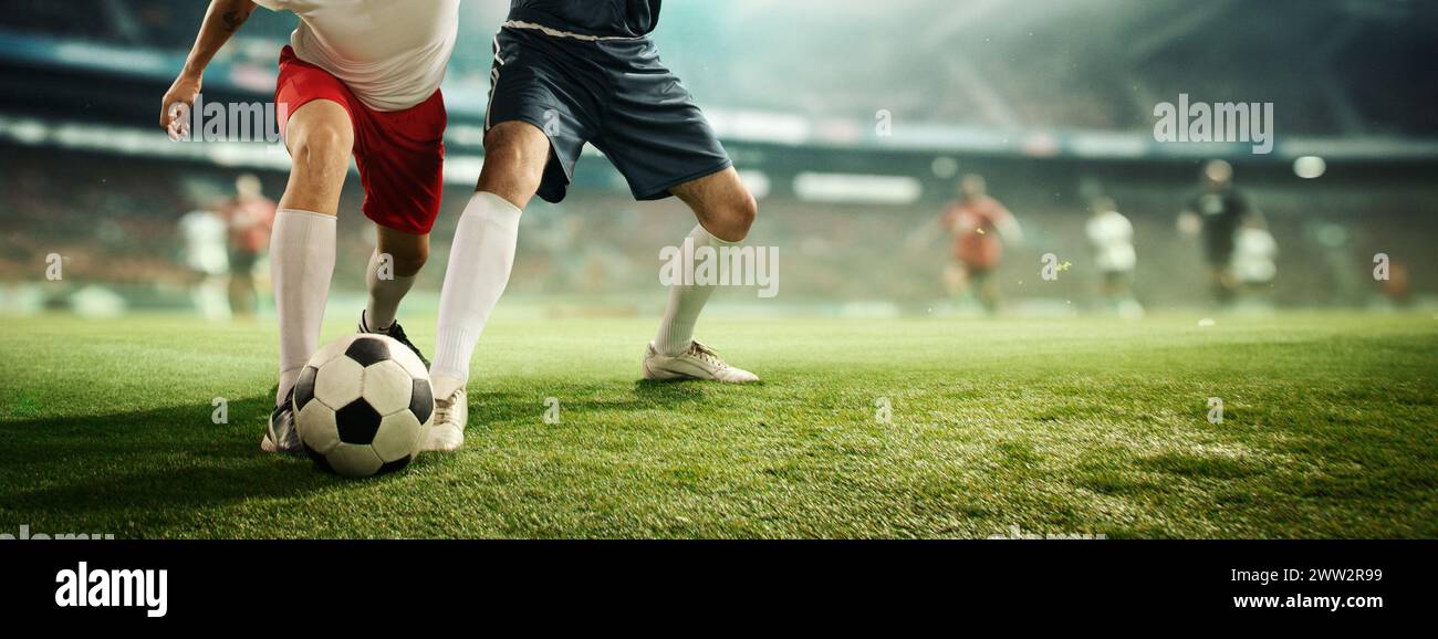Dynamic image of male legs, football players in motion on filed ...